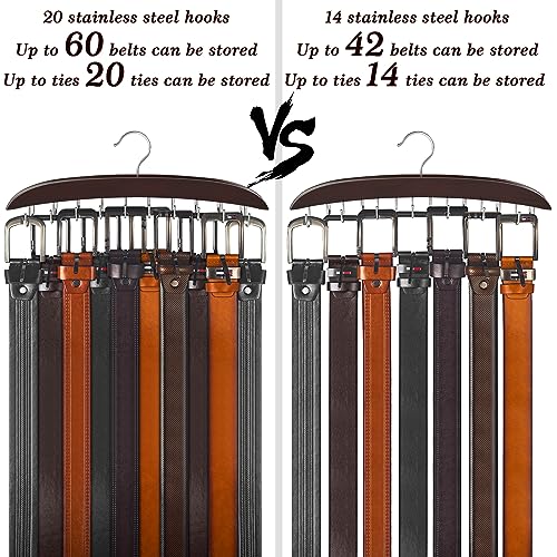 Belt Hanger Organizer, Upgraded Tie and Belt Organizer, 20 Hooks Wooden Belt Rack for Storage, 360°Rotating Space Save Belts Organizer for Tie, Tank Top, Scarf, Stored Up to 60 Belts-Red