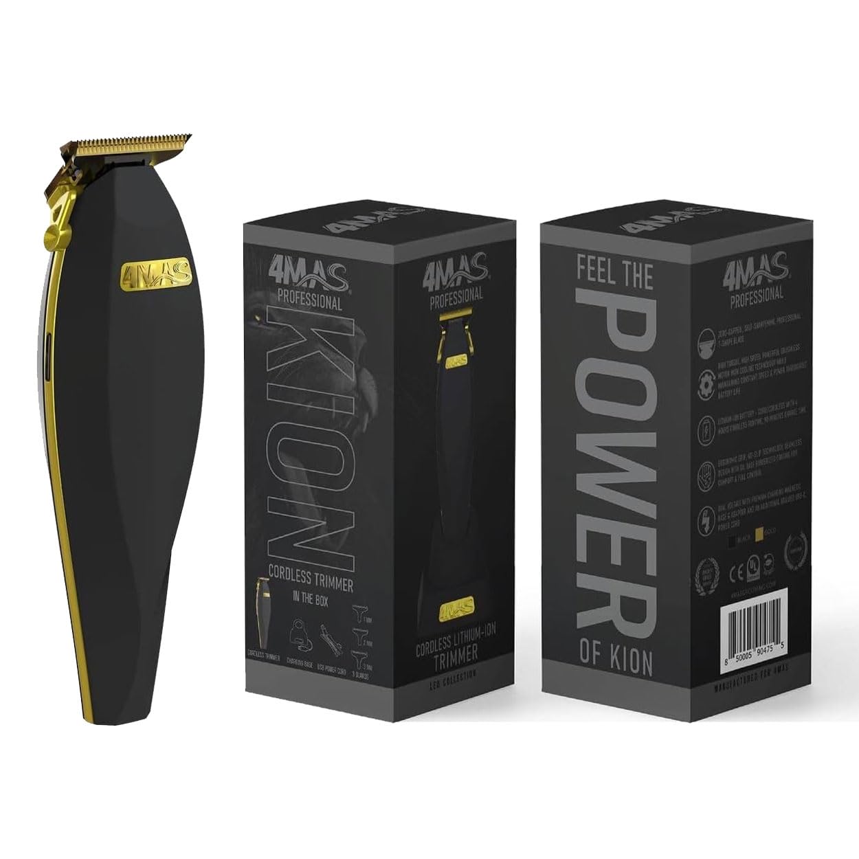 4MAS Kion Trimmer - Professional Hair & Beard, Zero-Gapped, Cordless Lithium-Ion Trimmer with Charging Base (Black & Gold)