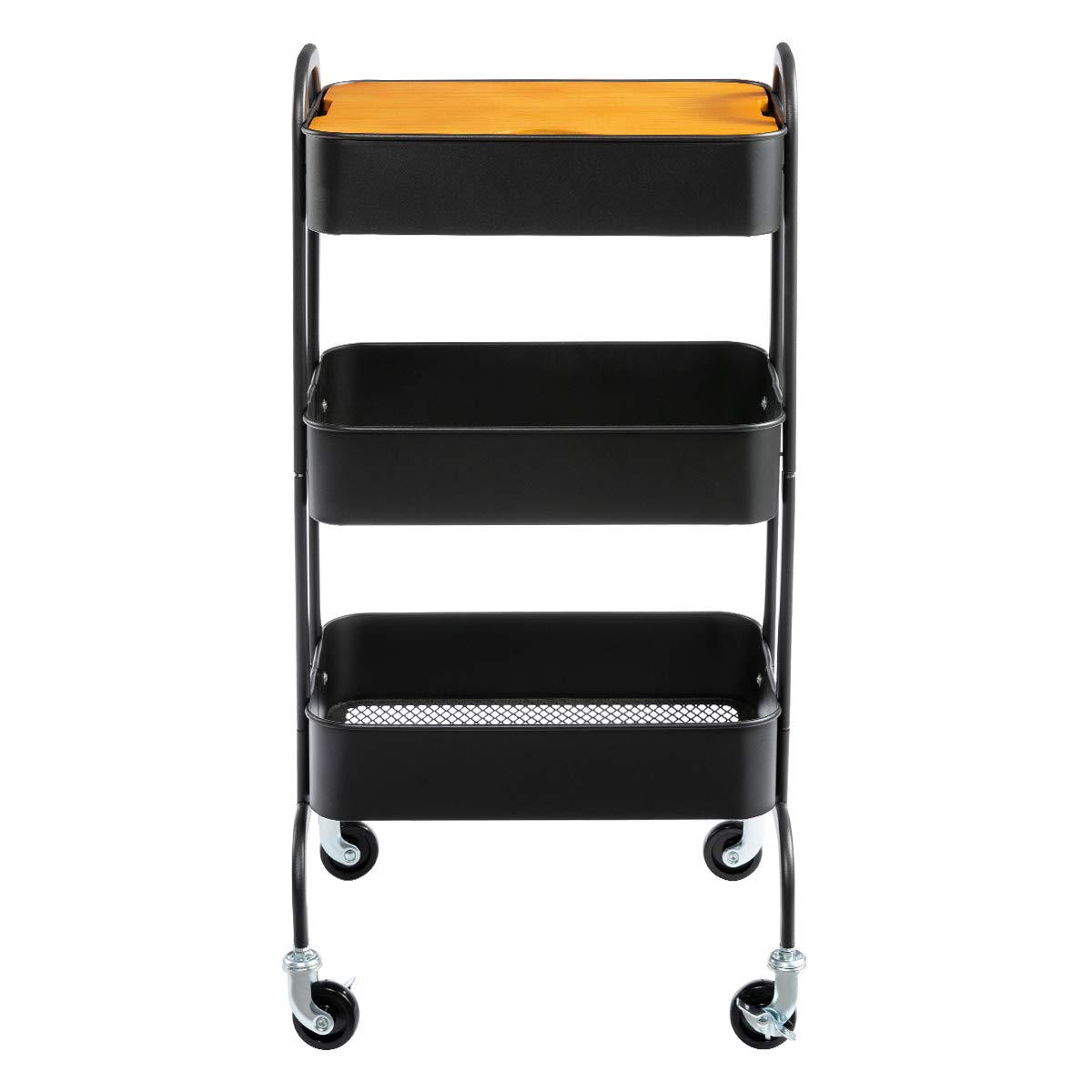 AGTEK 3-Tier Metal Utility Cart with Wheels, Black Storage Rolling Cart with Handles, Movable Makeup Cart with Plants