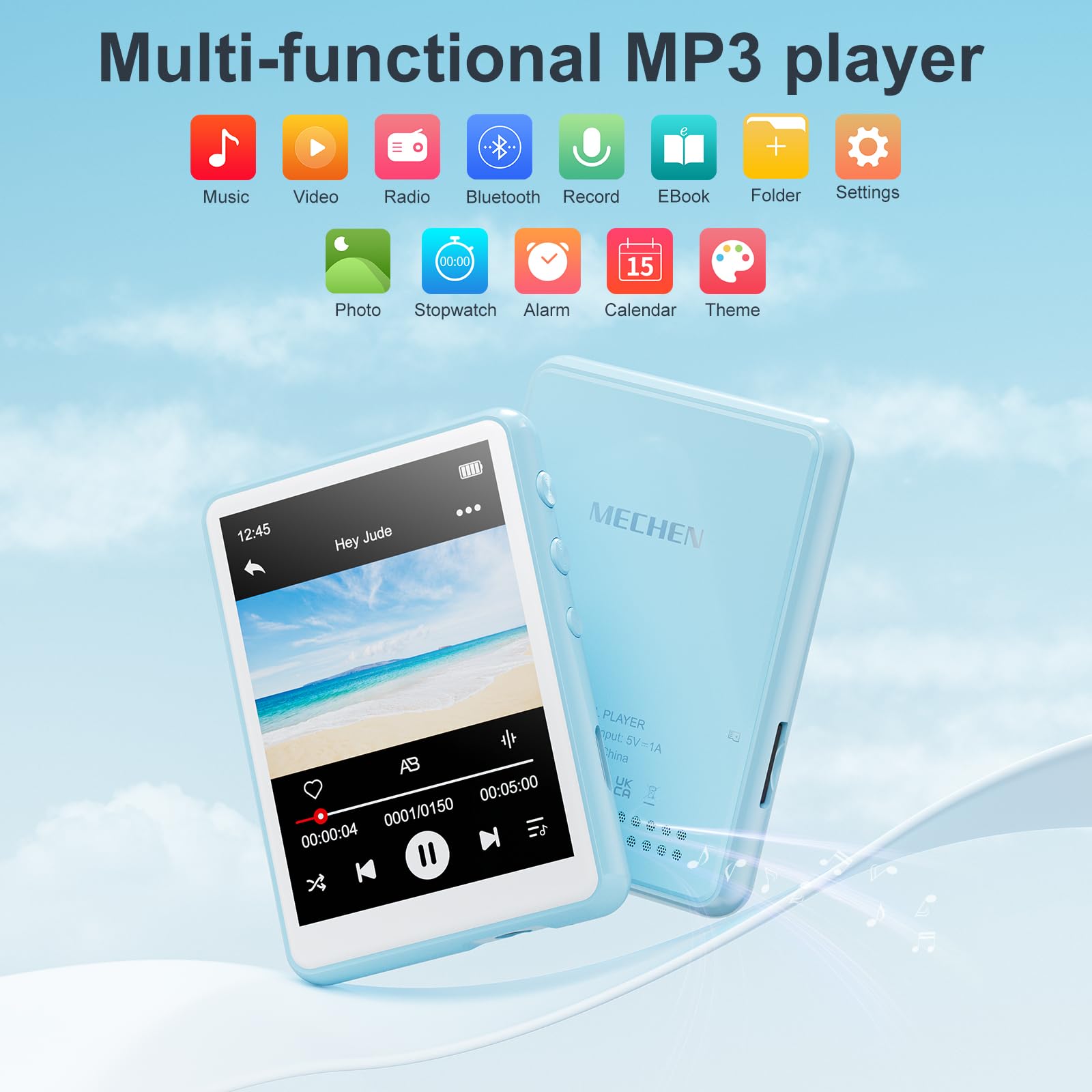 64GB MP3 Player with Bluetooth 5.3 - MECHEN 2.4" Full Touch Screen,Portable Digital HiFi Lossless Sound Music MP3 MP4 Player with Speaker,FM Radio,Line-in Recording,E-Book,Earphones Included.