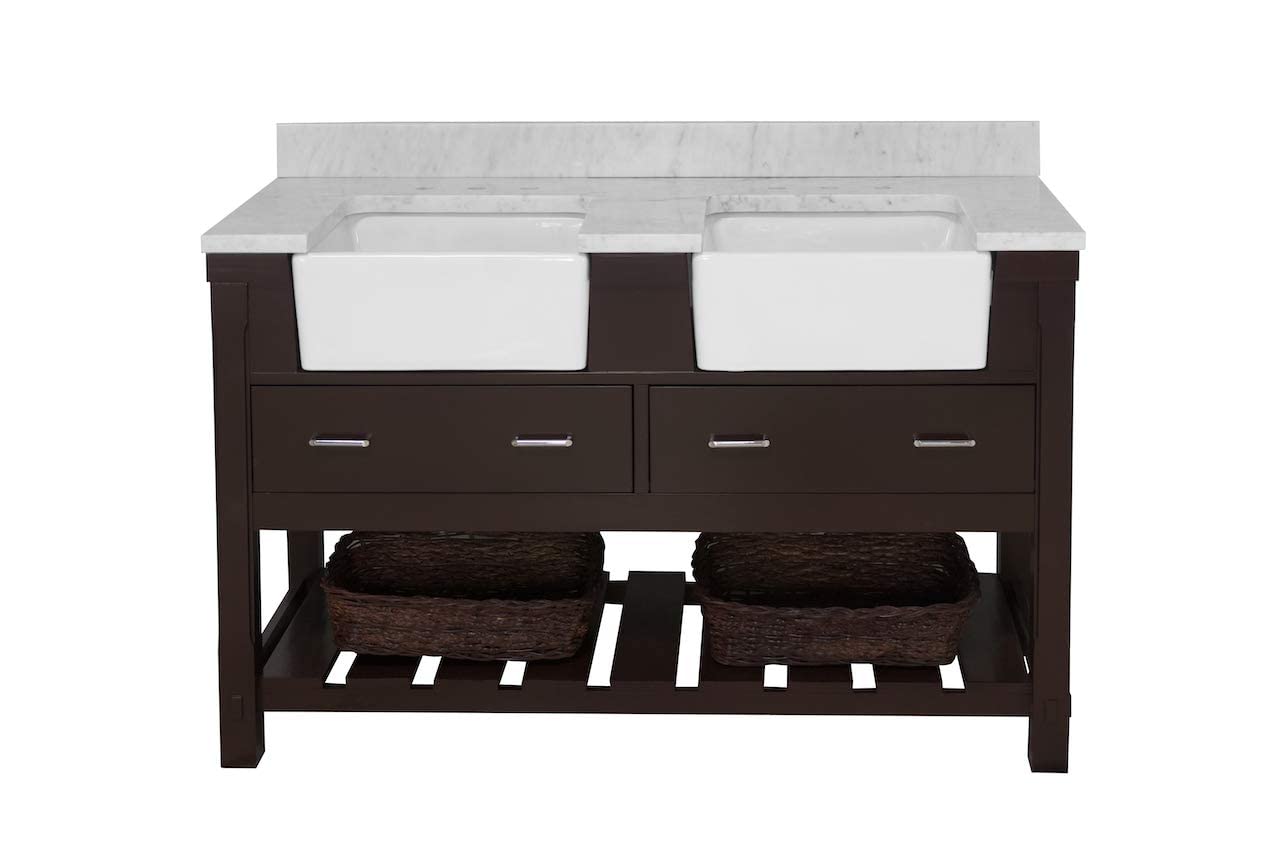 Charlotte 60-inch Double Farmhouse Bathroom Vanity (Carrara/Chocolate): Includes Chocolate Cabinet with Authentic Italian Carrara Marble Countertop and White Ceramic Apron Sinks