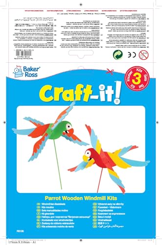 Baker Ross FE128 Parrot Wooden Windmill Kits - Pack of 3, for Kids Arts and Crafts Projects, Wooden Crafts for Children to Decorate, Personalize and Display