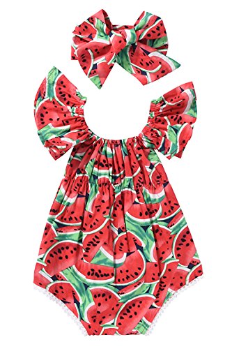 Kashoer Newborn Baby Girls Watermelons Printed Ruffle Bodysuit with Headband (6-12M, Watermelon)