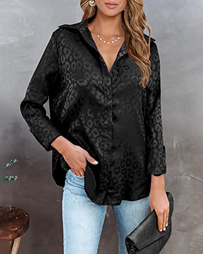 BTFBM Women's Satin Button Down Shirts Roll Up Long Sleeve Lapel V Neck Loose Casual Work Summer Fall Blouse Tops 2023(Leopard Black, Small)