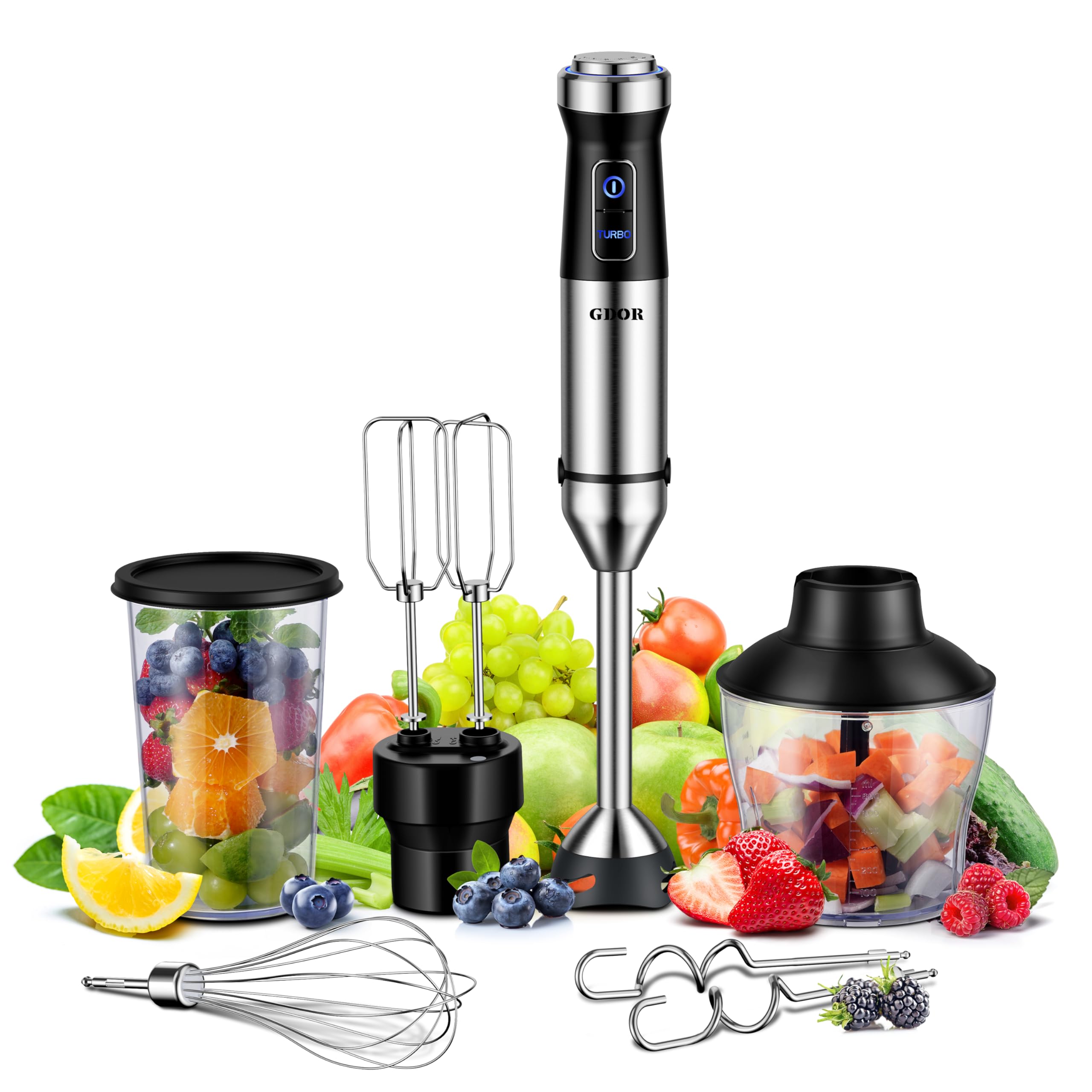 6-in-1 Immersion Blender Handheld 1000W 20-Speed & Turbo Mode, GDOR Scratch Resistance Hand Blender with Dough Hooks, Egg Beaters, Whisk, 800ml Beaker, 600ml Chopper Titanium Blades, BPA-Free, Silver