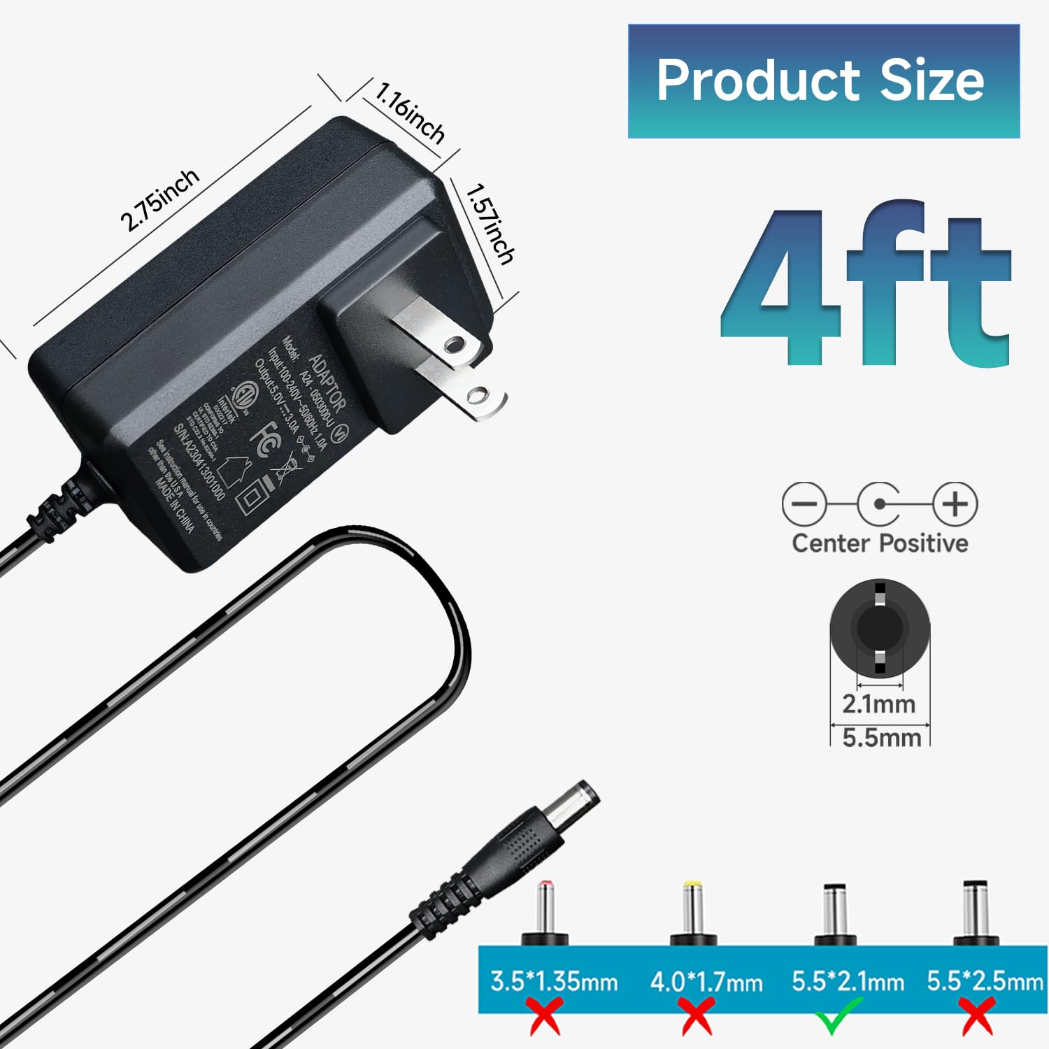 5V 3A/3000mA DC Universal Power Supply Adapter, 100-240V 50/60Hz AC to DC 15W Wall Charger for Router, CCTV Camera, Speaker, Power Bank, E-Reader, USB Fan and More 5V Devices Less Than 15W, ETL FCC