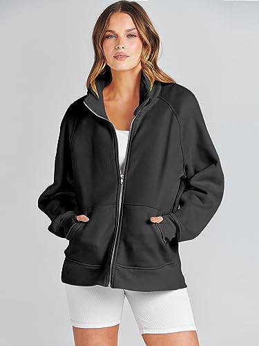 Caracilia Women's Oversized Sweatshirts Long Sleeve Zip Up Y2K Trendy Fashion Sweatshirt Jackets Pullovers Active Comfy Cute Clothes With Thumb Hole C112A0-heise-S Black