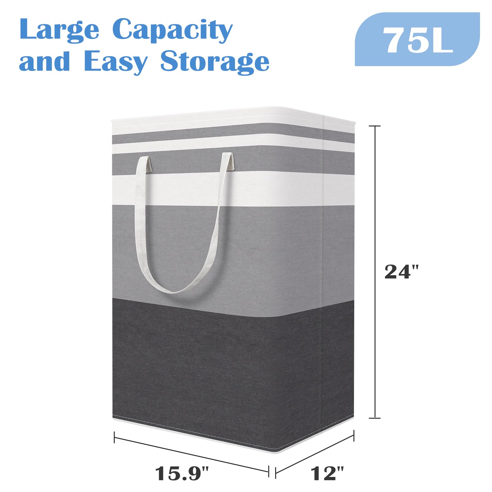 BlissTotes 3-Pack Laundry Basket, Freestanding&Waterproof Laundry Hamper, Collapsible Tall Clothes Hamper with Easy Carry Handles for Clothes, Towels in the Family and Dorm,Gradient Grey,75L