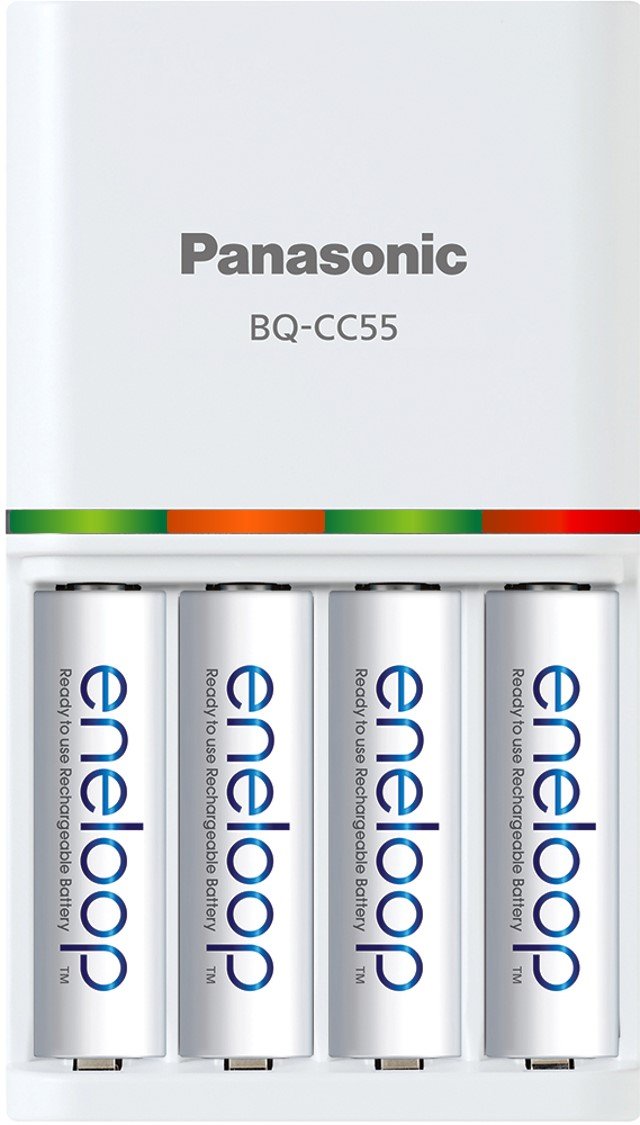 Panasonic "Advanced" eneloop Individual Battery 3 Hour Quick Charger with 4 LED Charge Indicator Lights, White & BK-3MCCA8BA eneloop AA 2100 Cycle Ni-MH Pre-Charged Rechargeable Batteries, 8 Pack
