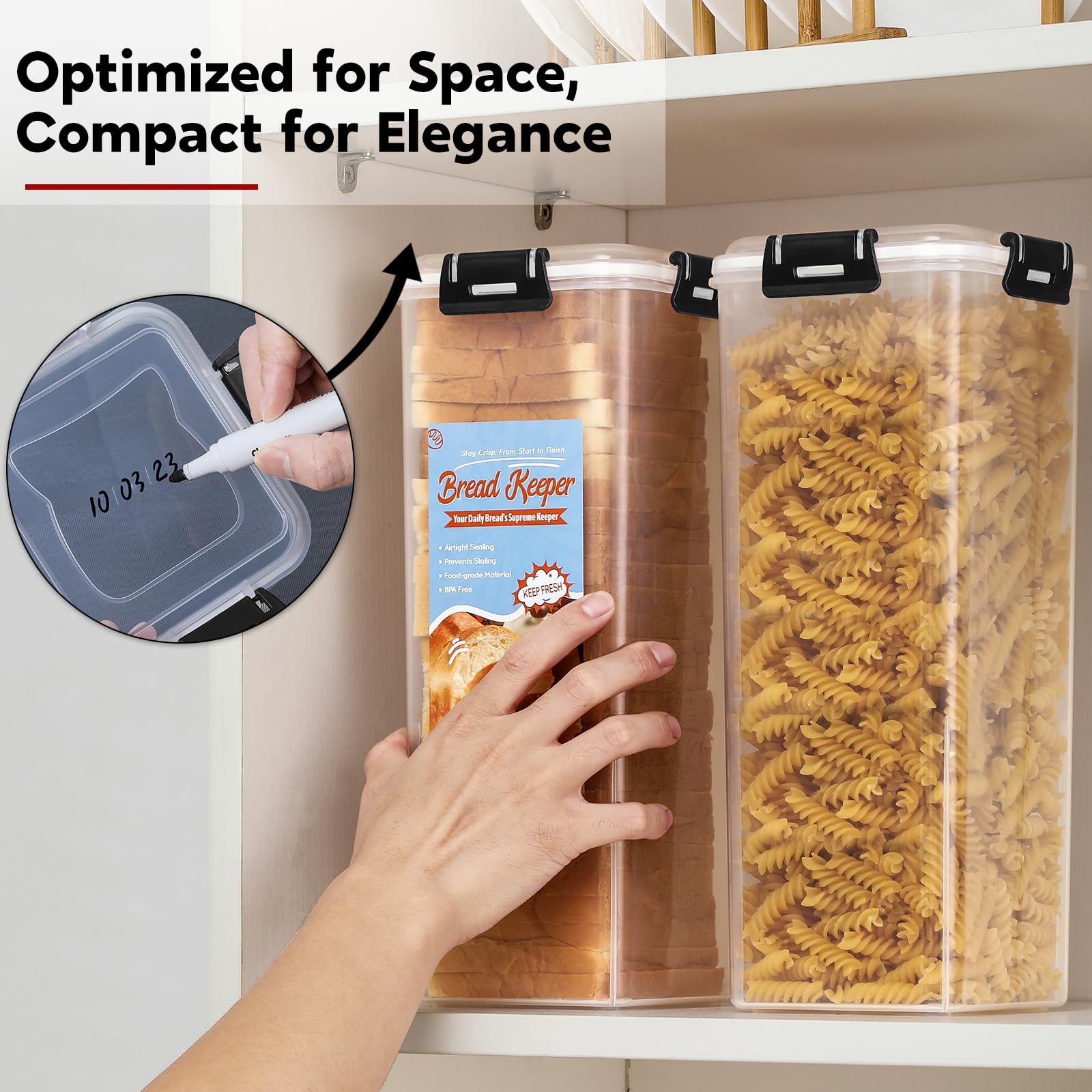 AOZITA Bread Box with Airtight Lid, Bread Storage Container, Bread Loaf Storage Dispenser, Plastic Sandwich Bread Keeper, Black Lid