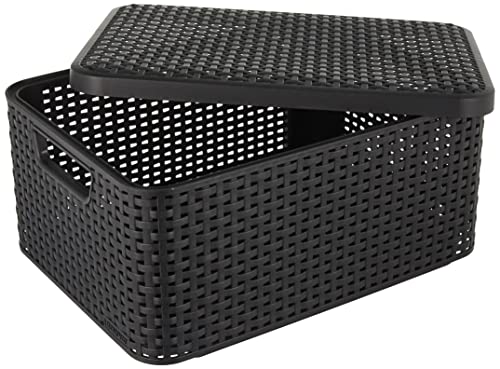 Curver Rattan Style Basket with Lid, Grey, Medium