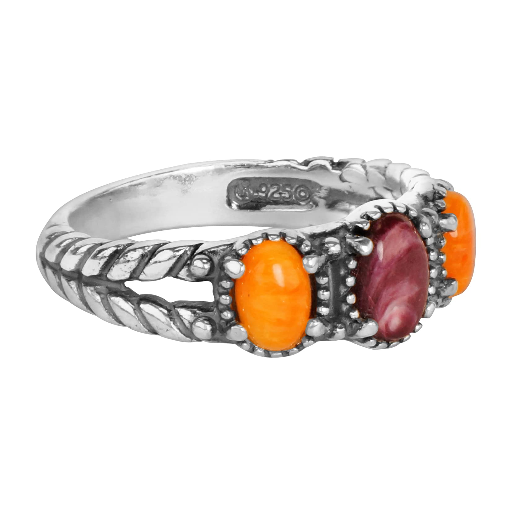 American West Jewelry Sterling Silver Women's Ring Purple Spiny & Orange Spiny Gemstone 3-Stone Design Size 6