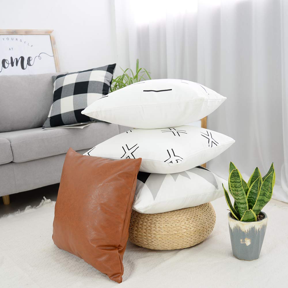 AENEY Modern Pillow Covers 18x18 inch for Couch Set of 4 100% Cotton Boho Throw Pillows for Modern Farmhouse Decor Decorative Pillow Covers Modern Decorations Leather Throw Pillows