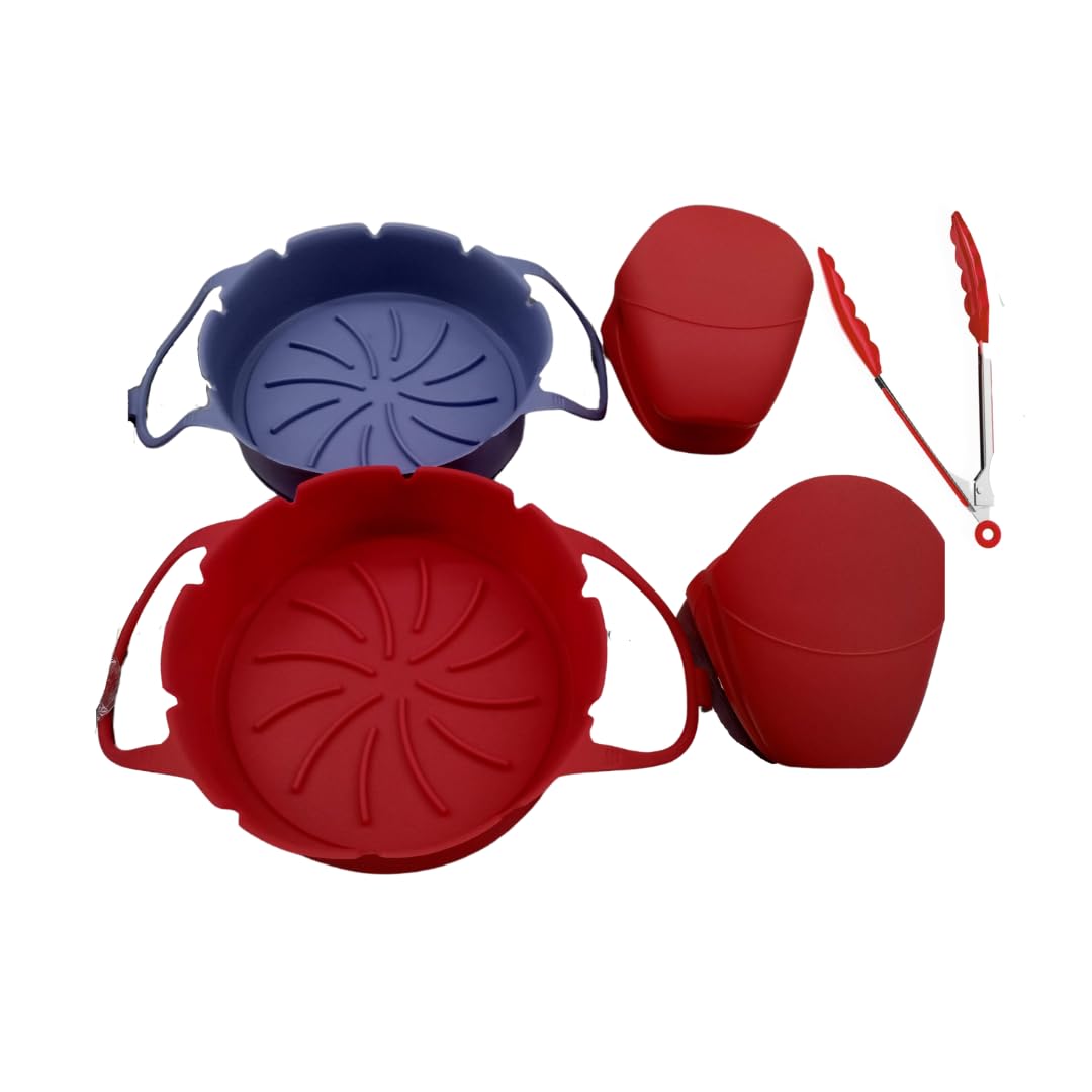 Air Fryer Silicone Liners Round Reusable Air Fryer Silicone Accessories Set 2 Mitts and Tongs Air Fryer Silicone Basket Multipurpose Air Fryer Accessory mat