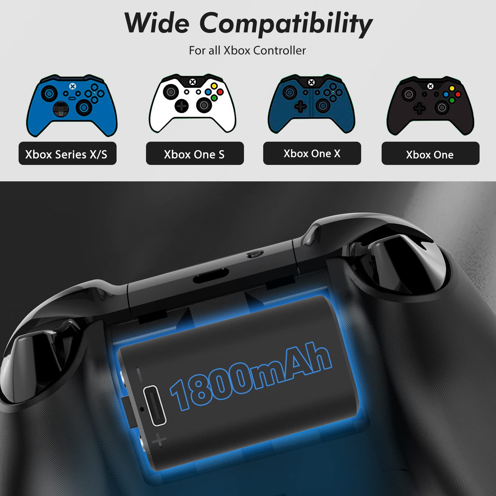 Agelkvoy Xbox One Controller Battery Pack, Controller Battery Pack for Xbox One/X/S/Elite, Xbox Series X|S, 2 X 1800mAh Rechargeable Battery Pack with LED Indicators (USB Type C Charging Cable)