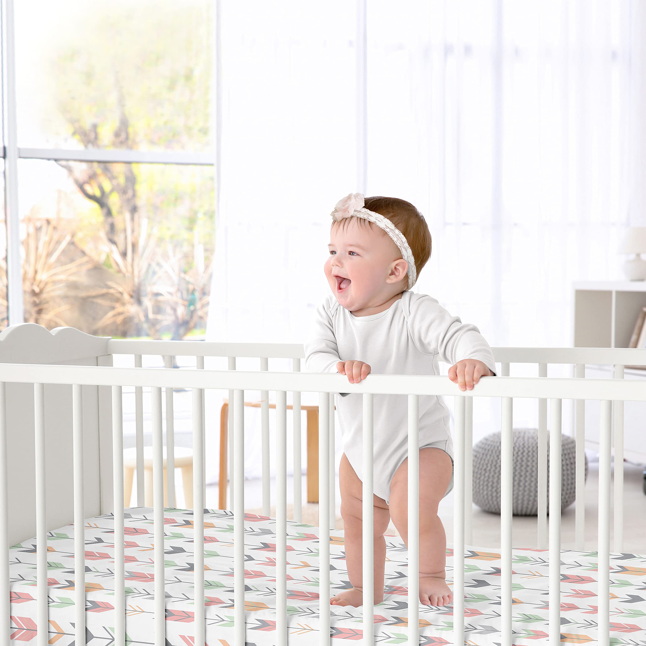 Fitted Crib Sheet for Grey, Coral and Mint Woodland Arrow Baby/Toddler Bedding Set Collection - Arrow Print