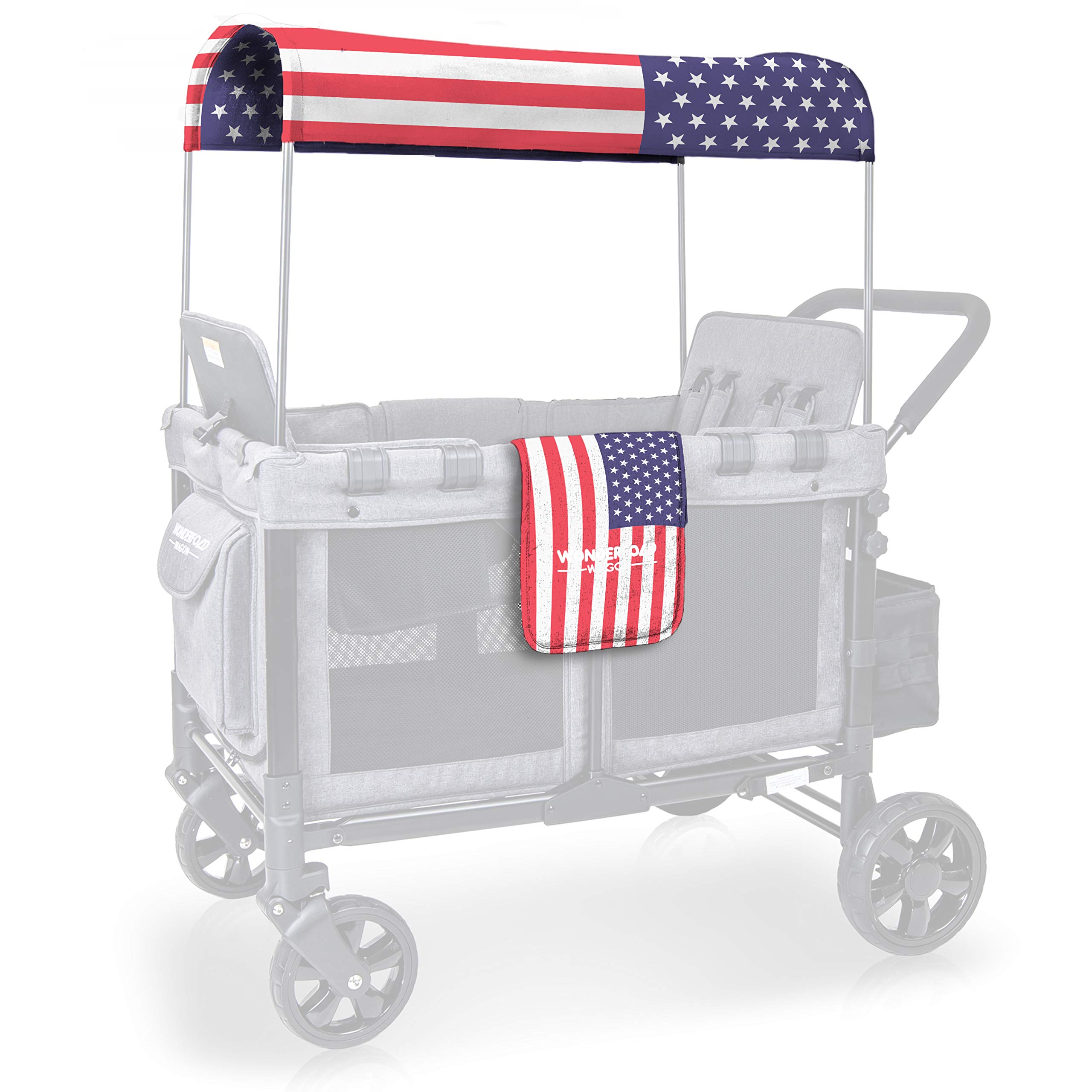 WONDERFOLD Extra Canopy Fabric with UV Protection for W-Series Stroller Wagon (Double Sided W4 Canopy, USA Flag Print with One Pouch)…