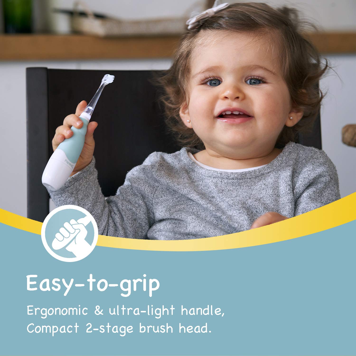 Papablic BabyHandy 2-Stage Sonic Electric Toothbrush for Babies and Toddlers Ages 0-3 Years, Bundle with Replacement Toothbrush Heads - 2 Count (18-36 Months)