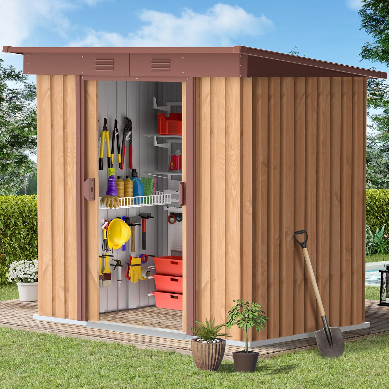 CDCASA 5.3' x 3.2' Storage Shed, Metal Outdoor Storage Sheds with Double Sliding Doors,Large Waterproof Tool Shed for Garden Patio, Backyard, Brown