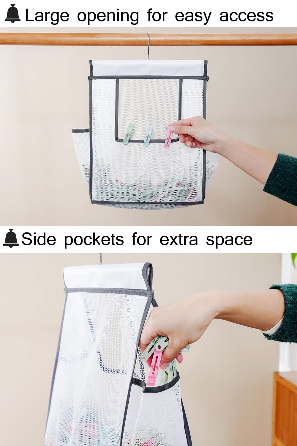 ALYER Clothpin Storage Bag with Hanger,Multipurpose Hanging Shower Basket Holder with a Large Opening (Gray Edge)