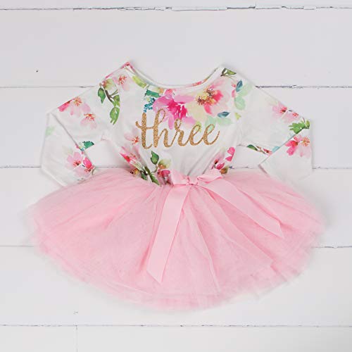 Grace & Lucille Toddler Birthday Dress (3rd Birthday) (Pink Floral Long Sleeve, Flat Heart Gold, 3T)