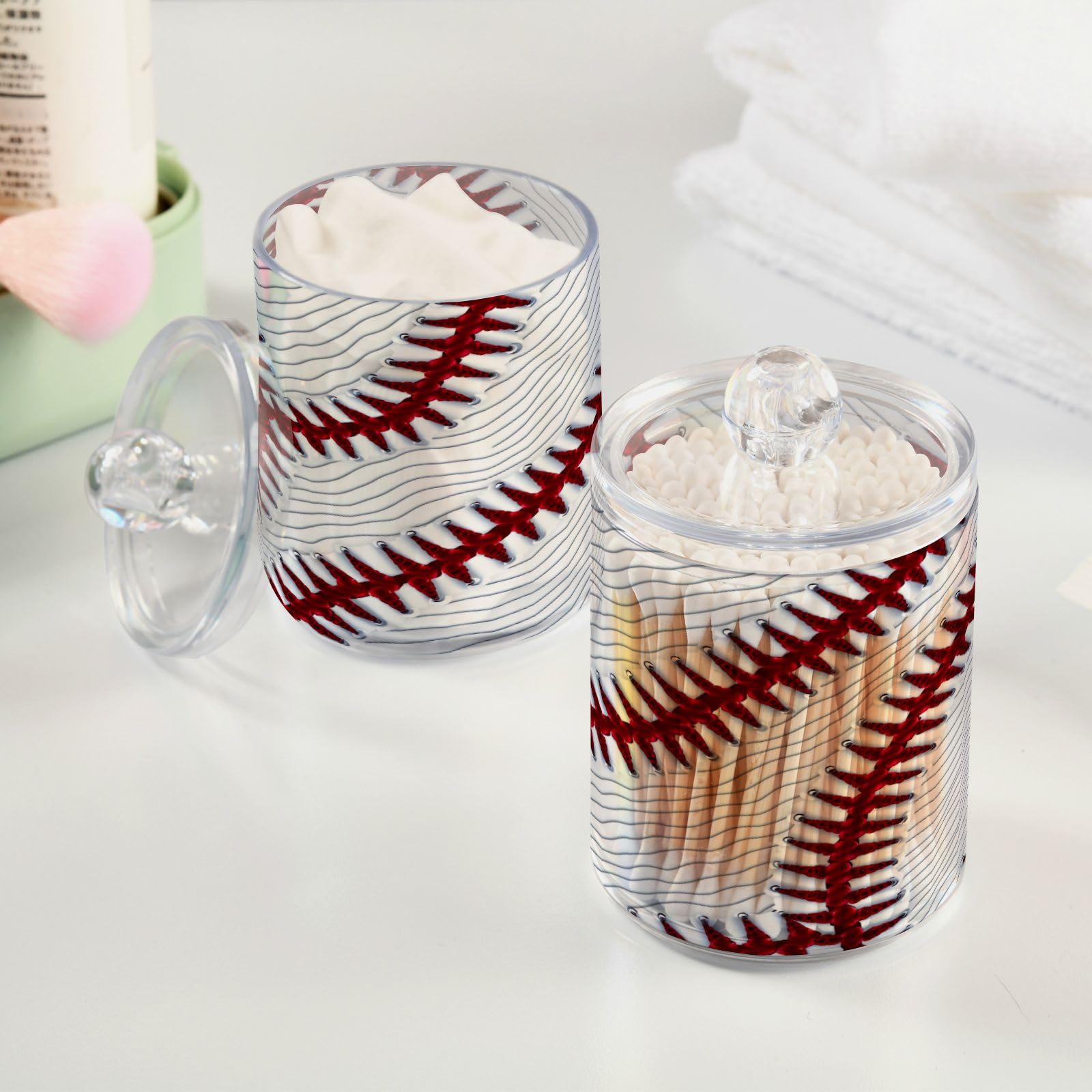 ATTX Sport Baseball Print Qtip Holder Dispenser for Cotton Ball, Cotton Swab,Plastic Clear Apothecary Jar, Home Décor Kitchen Storage Jar,2 Pack