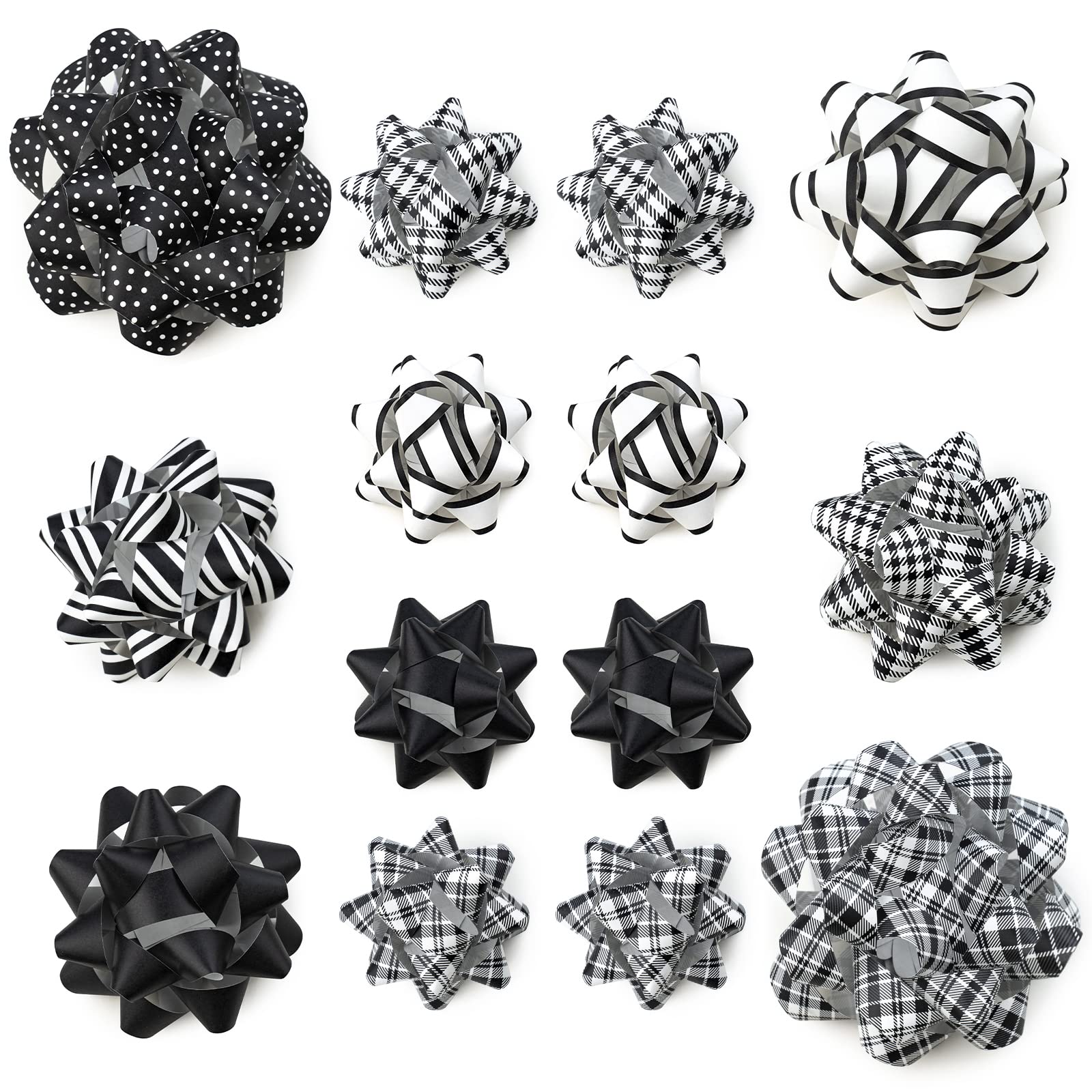 RUSPEPA Paper Christmas Gift Bow Assortment - Black and White Design for Christmas, Holiday, Birthday, Wedding, Baby Shower - Total 14 Bows, 3 Size