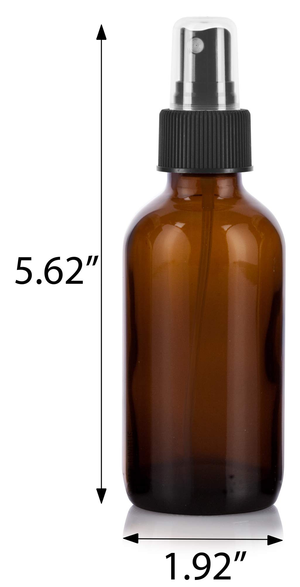 JUVITUS 4 oz Amber Glass Boston Round Bottle with Fine Mist Black Spray (4 pack) + Funnel