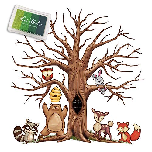 Fingerprint Tree Canvas - The Alternative to A Baby Shower Guest Book - with 25 Complimentary Good Advice Cards & Ink, Woodland