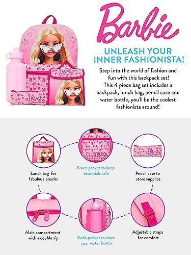 Barbie Backpack 4 Piece Set | Girls School Bag Set | Girls Backpack, Lunch Bag, Water Bottle and Pencil Case Set | Childrens Backpack | Pink