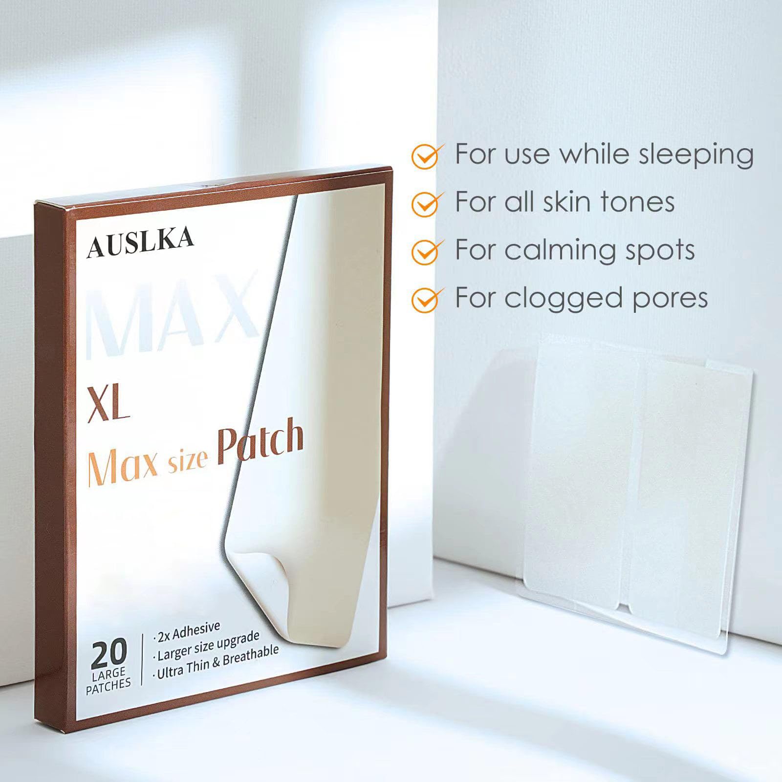 AUSLKA Large Blemish Zit Patches XL - 20 Strips - Hydrocolloid Dots -Blemishes Patch - Zit Breakouts - Blemishes Stickers - Max Size