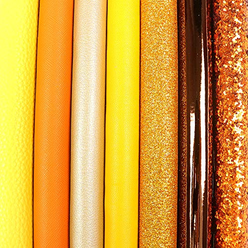 Yuanchuan 7Pcs/Set 8.3" x 12"(21cm x 30cm) A4 Bundle Leather Sheets Mixed Golden Series Solid Colors Texture Embossed Faux Leather Sheets Glitter Faux Leather Fabric Bow Earrings Making DIY Craft (Golden Set)