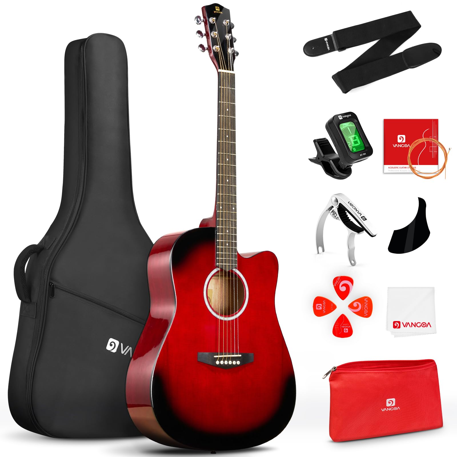 Acoustic Guitar, Cutaway Acoustic Guitar Full Size Dreadnought Acustica Guitarra Bundle with Gig Bag for Adults Teens Beginners Professionals, Red by Vangoaā¦