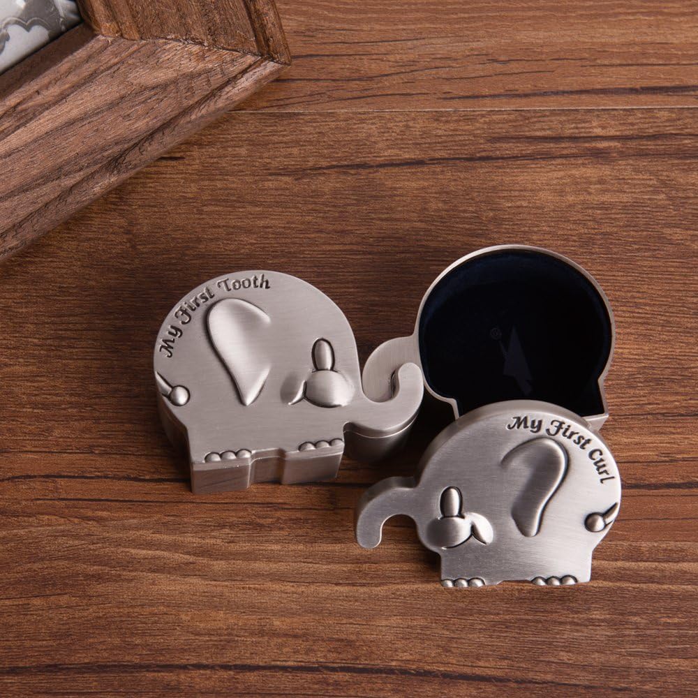 Feyarl Kids First Curl and Teeth Fairy Holder Containter Keepsake Box Tins Keeper for Christening Newborn Shower Kids Birthday Gift Metallic Engraved Elephant Shape (2.4 x 1.6 x 1.2 inches)