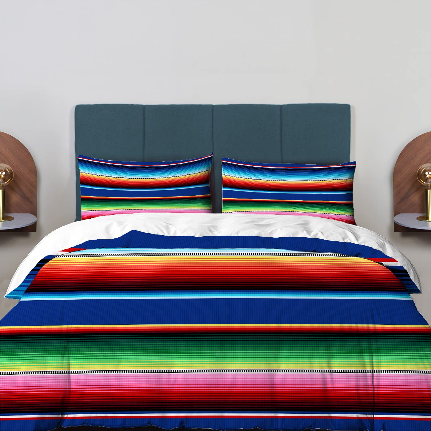 BaoNews Purplish Blue Mexican Stripes Duvet Cover Set King Size,3 Pieces Red Ethnic Serape Bedding Set Hotel Quality 100% Cotton Comforter Cover Set with 2 Pillowcases(No Filler)