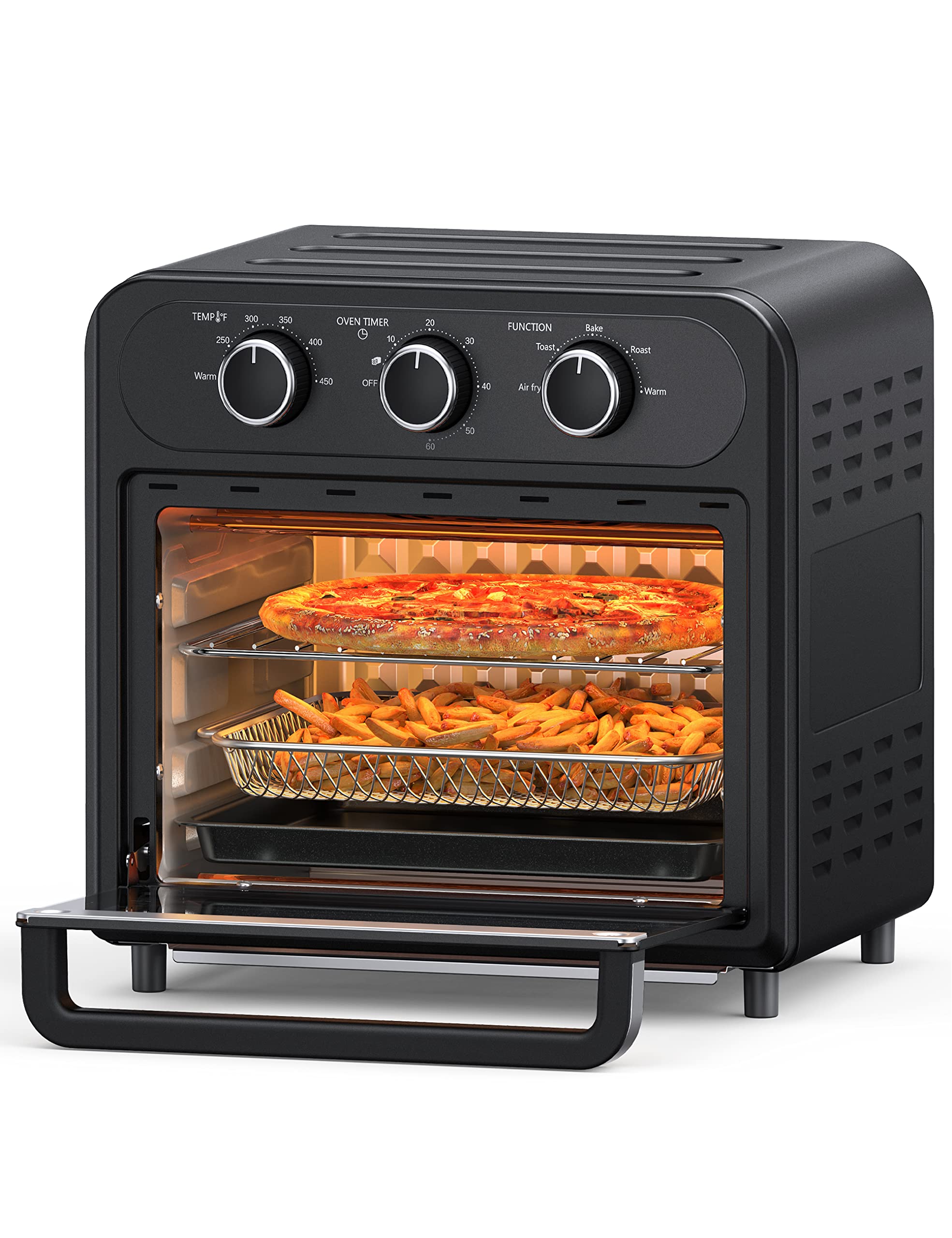 Air Fryer, Paris RhΓ΄ne 15QT Toaster Oven Countertop, 450β Food Dehydrator, Knob-Controlled Freidora de Aire for Easy, Oil Less and Healthy Meals with Nonstick Dishwasher Safe Basket and Trays (Black)