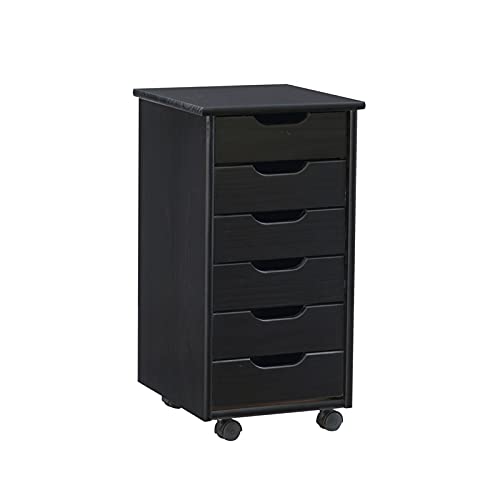 Pemberly Row Mid Century Six Drawer Wood Rolling Storage Cart in Black