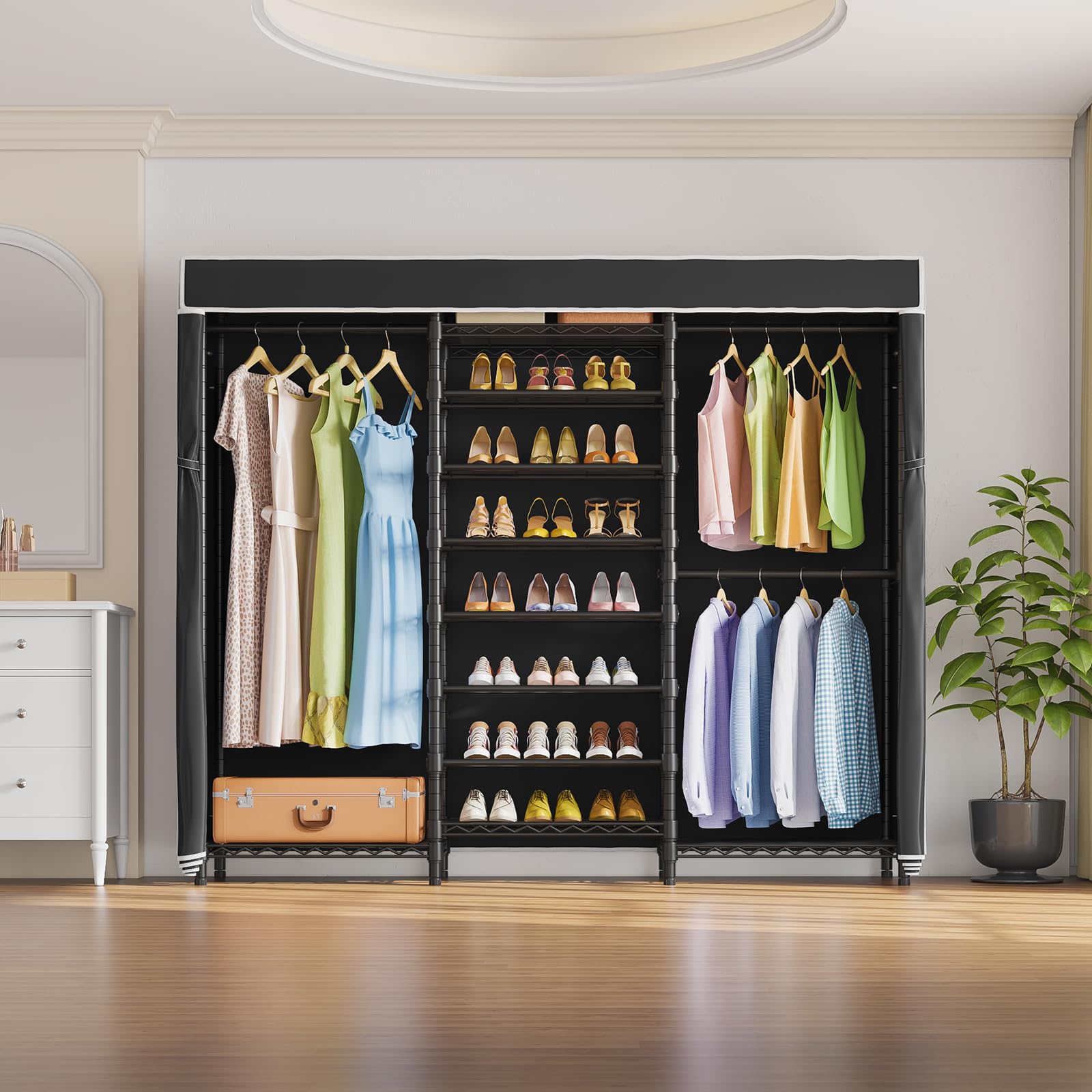 VIPEK S3C Heavy Duty Portable Closet with Adjustable Shoe Rack Wire Shelf, Large Wardrobe Organizer for Bedroom Storage, Freestanding Clothes Rack with Hanging Rod, Custom Black Rack with Black Cover