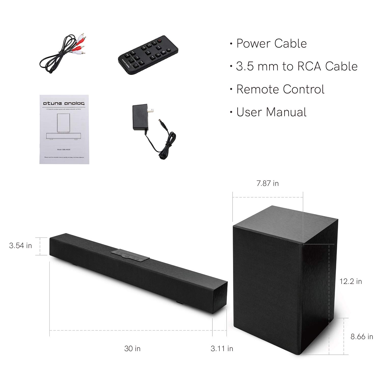 atune analog TV Wired Wireless Sound Bar, Bluetooth 5.0 Soundbar with Wireless Subwoofer, Compatible with 2.1 Channel Dolby Digital - 30In