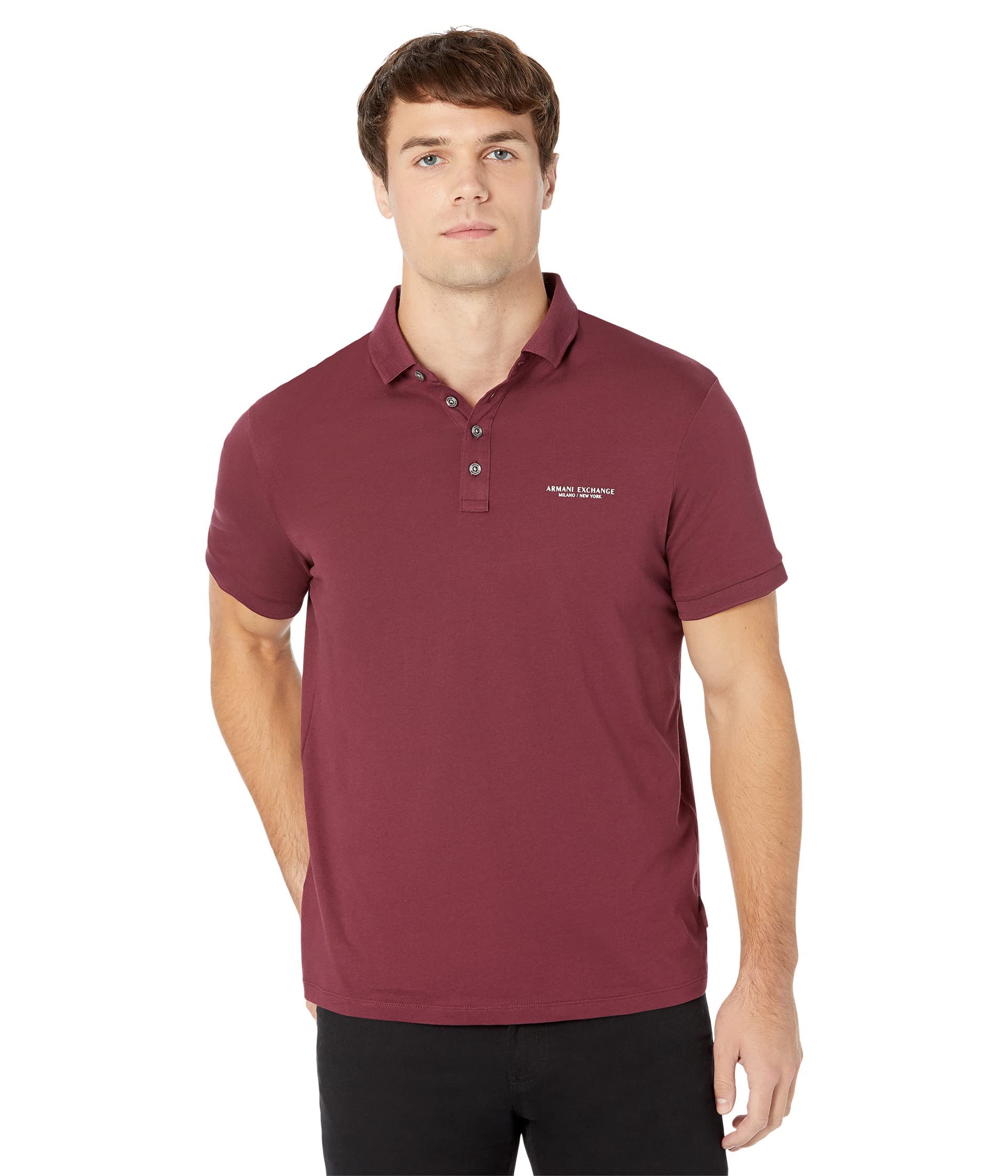 A | X ARMANI EXCHANGE Men's Short Sleeve Milano/New York Logo Jersey Polo Shirt, Windsor Wine, L