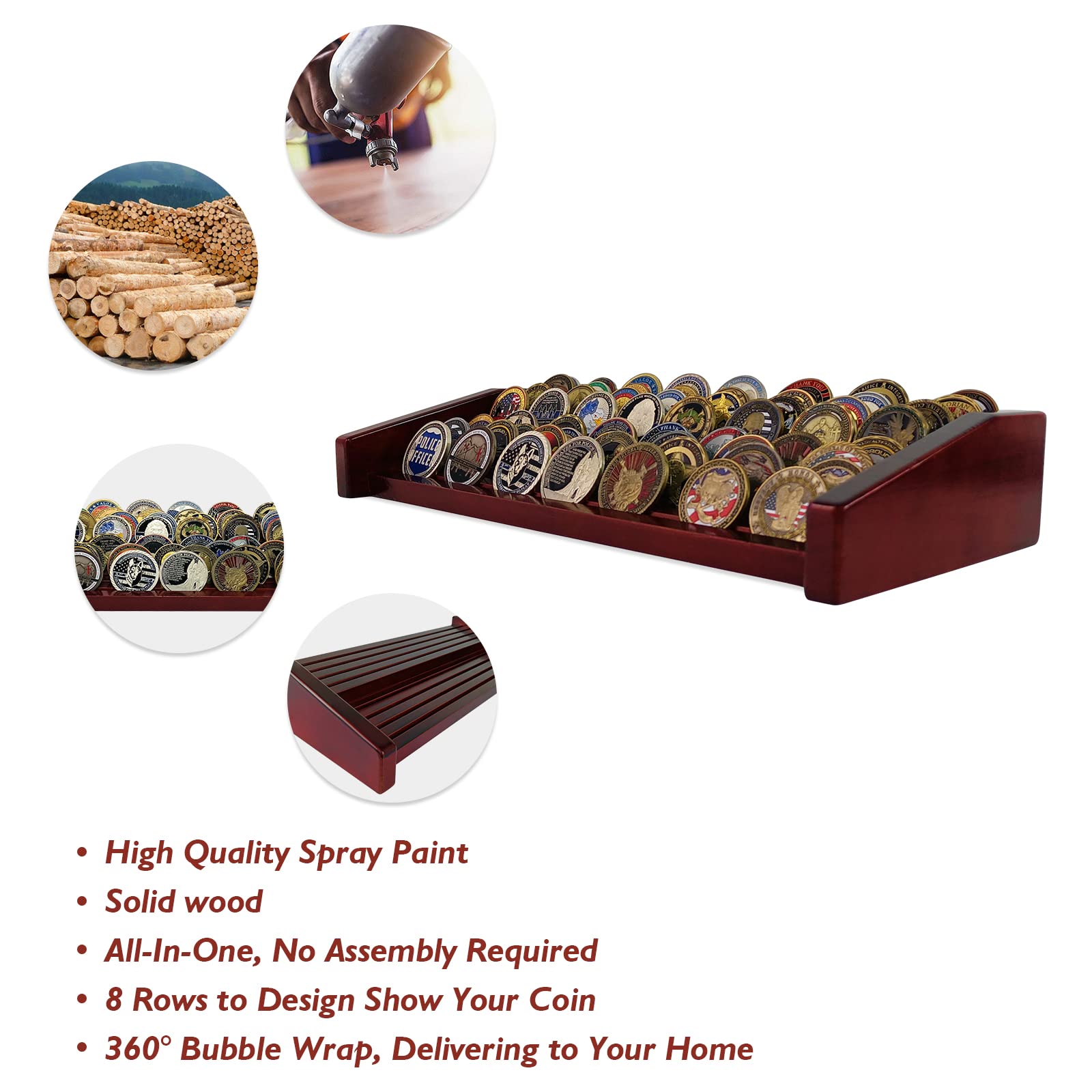 ASmileIndeep 8 Rows Military Challenge Coin Display Stand - Holds 60-70 Coins, Solid Wood Army Police Coin Rack Display Holder for Desktop, Mahogany