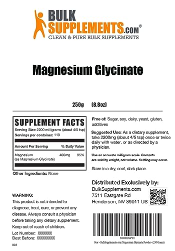 BulkSupplements.com Magnesium Glycinate Powder - Magnesium Bisglycinate, Magnesium Supplement, Magnesium Glycinate 400mg - Pure Magnesium Glycinate - 2200mg per Serving, 250g (8.8 oz)