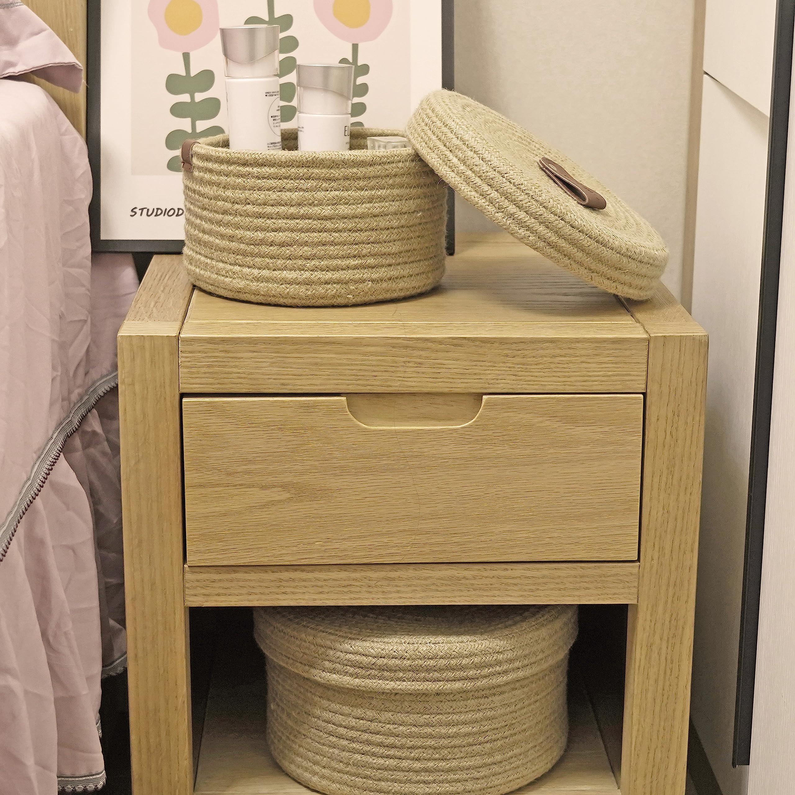Aplolemo Jute Rope Basket with Lid,Decorative Woven Baskets with Lids,Leather Design Lidded Round Basket,Small Basket with lid,Storage Baskets with Lids-Set of 2(10"x6"/8.5"x5")