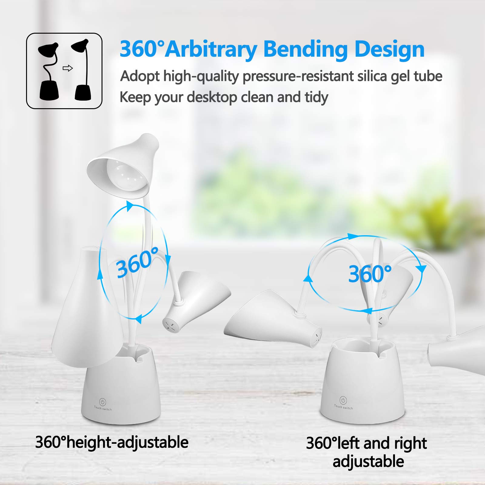 AIBAI Small Desk Lamp, Kids Desk Lamp with Pen Holder & Mobile Phone Stand, 3 Lighting Modes for Reading Kids Dorm& Mobile Phone Stand for Reading Dorm Home Office (White)