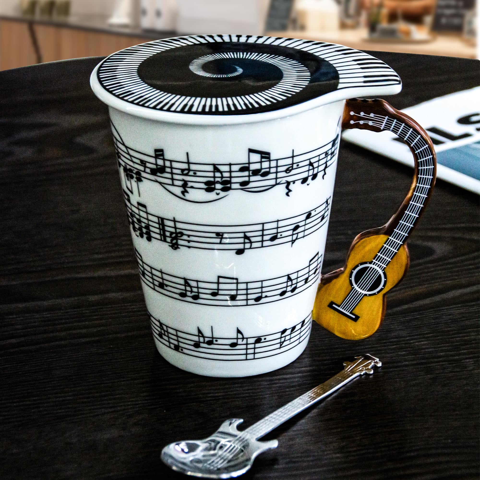 Guitar Novelty Mug Unique Musical Gift Coffee Cup with Cool Music Themed Lid & Guitar Handle Design & Guitar Spoon, Great Gifts for Music Teacher, & Guitar Lovers for Holidays, Fathers Day, Men, Women