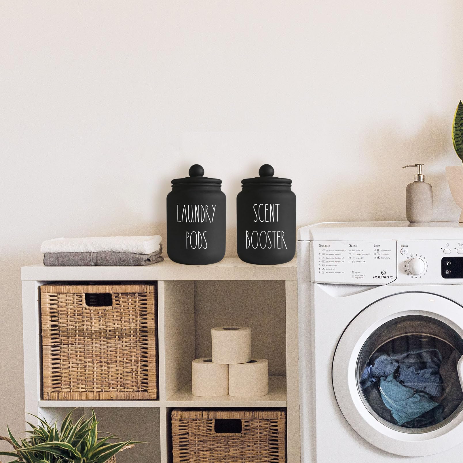 Laundry Room Organization Jars with Labels, Glass Containers for Laundry Detergent Laundry Powder, Farmhouse Laundry Pods Storage Organizers, Laundry Soap Dispenser, Scent Booster Holder(Black)