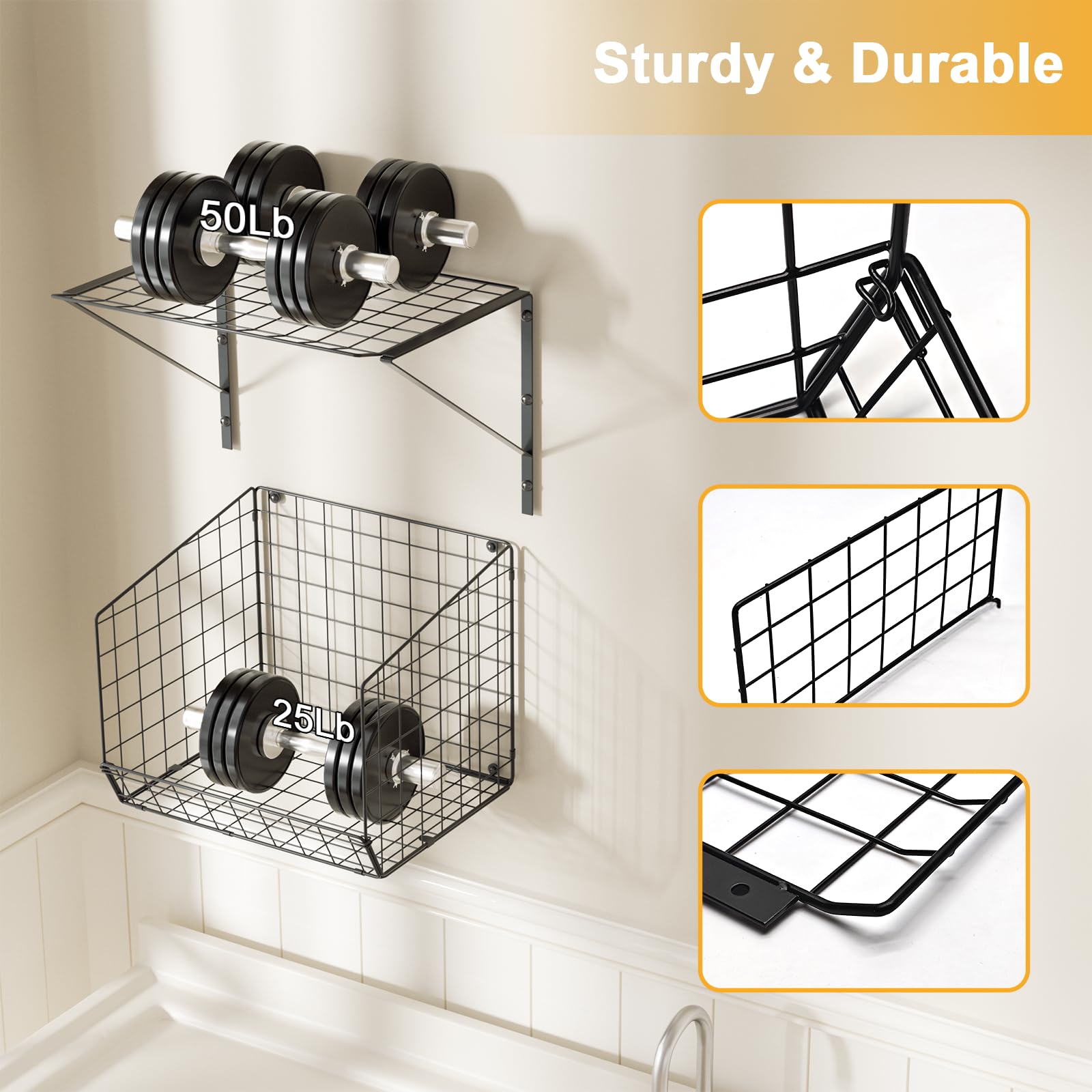 AUATRONNE 4 Pack Laundry Room Shelves Wall Mounted with Wire Baskets, Over Washer and Dryer Shelf, Laundry Room Organizer and Storage with 2 Removable Dividers -Black