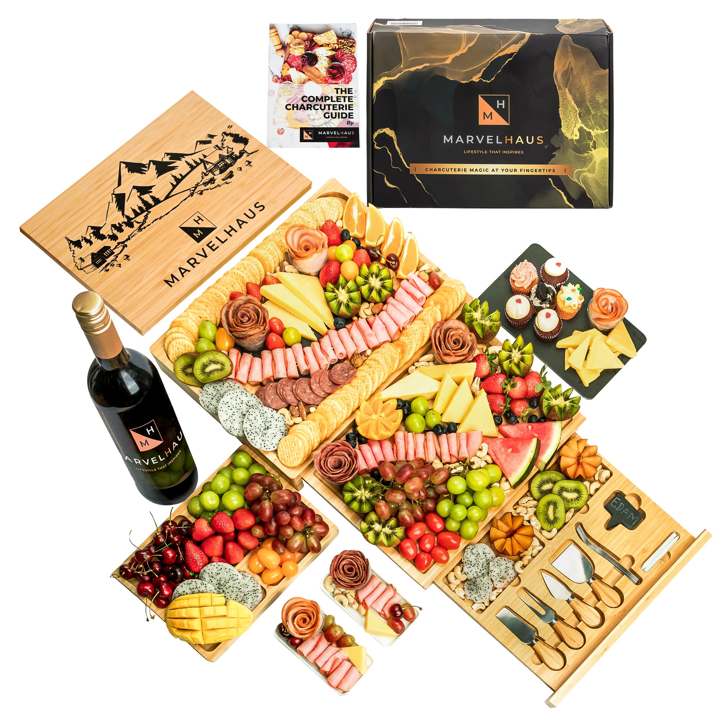 MARVELHAUS Large Charcuterie Board 19 pcs accessories, Cheese Board With Mountain Scene, Cheese Board & Knife Set, Bamboo Charcuterie Boards, Cheese Servers-Unique House Warming New Home, Wedding Gift