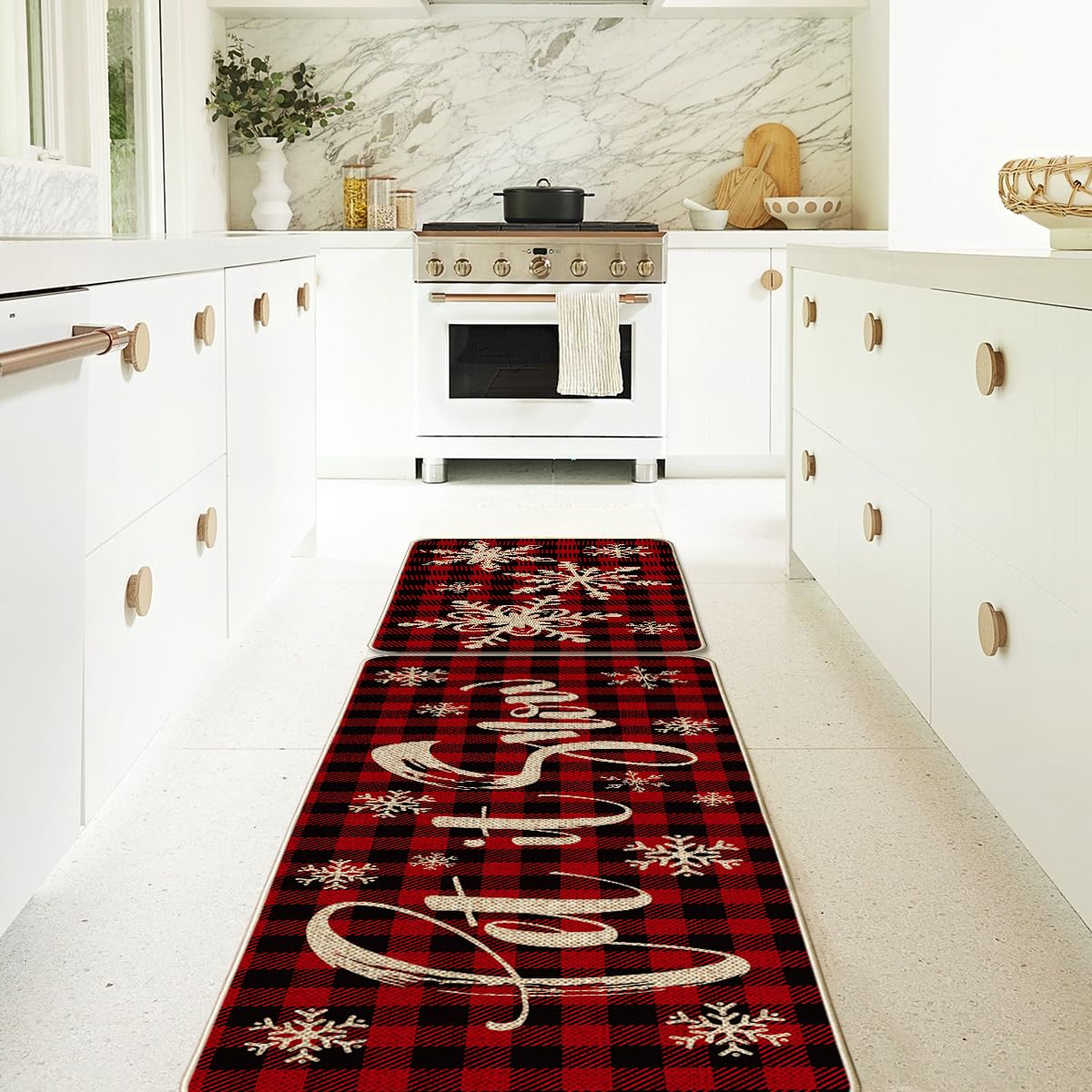 Artoid Mode Buffalo Plaid Snow Christmas Kitchen Rugs Set of 2, Let It Snow Xmas Winter Holiday Party Low-Profile Floor Mat Decorations for Home Kitchen - 17x29 and 17x47 Inch