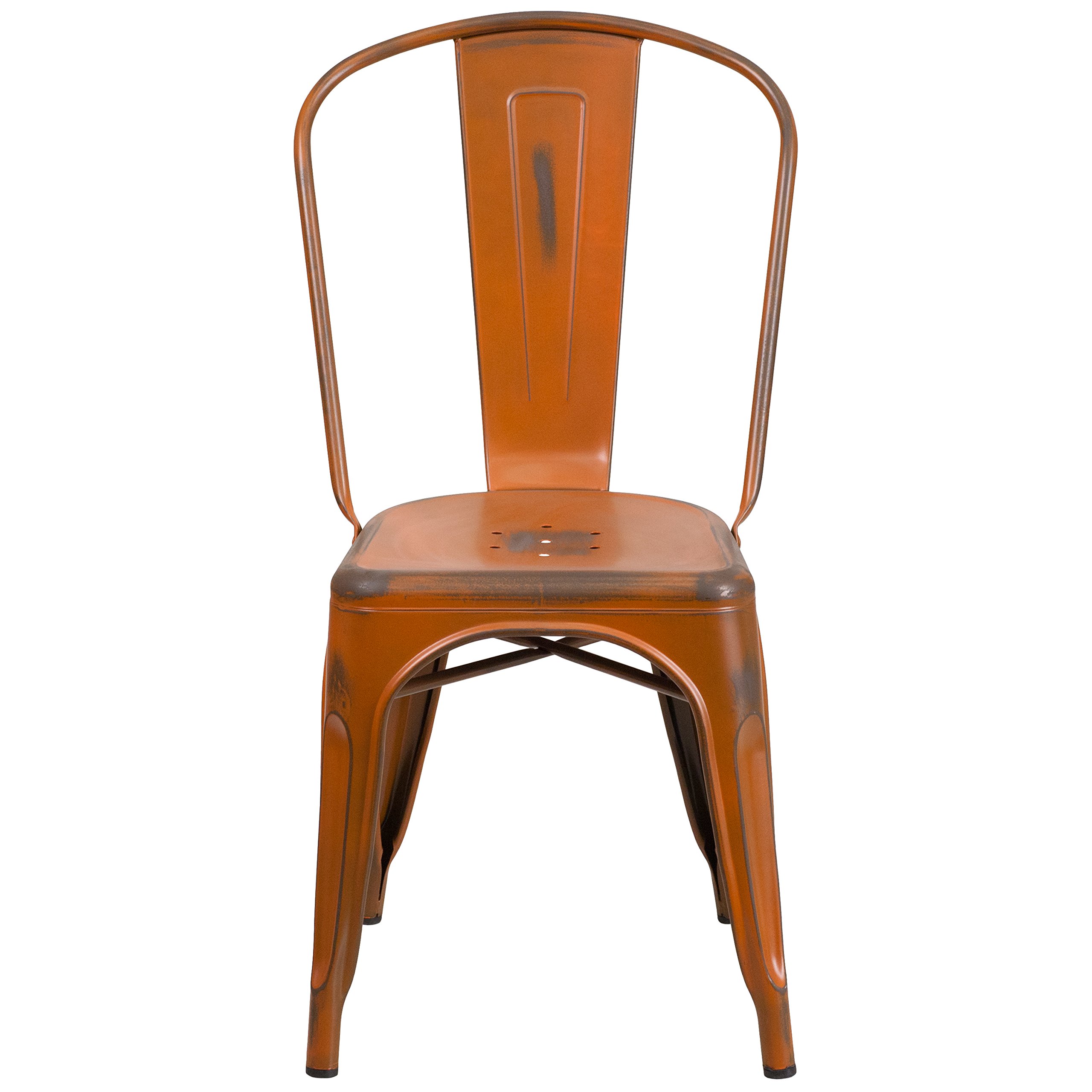 Merrick Lane Banks Stacking Dining Chair - Orange Metal Frame - Distressed Powder Coated Finish - Curved Slat Back - 500 lb. Static Weight Capacity